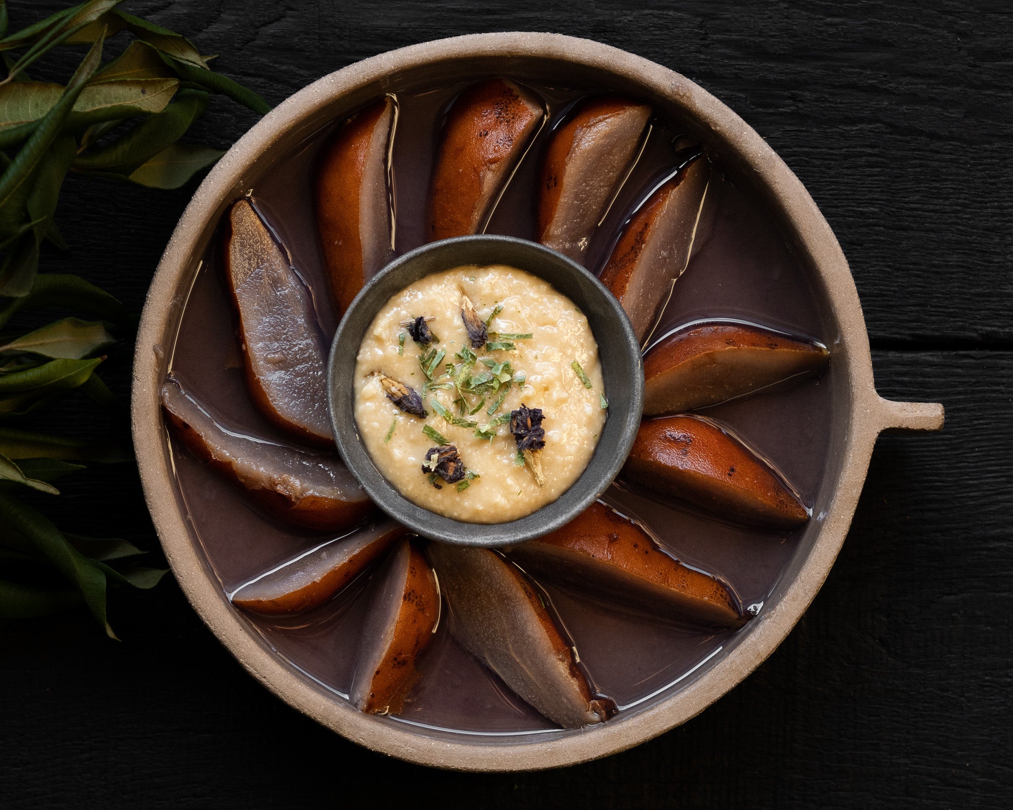 Bosc Pears in Botanical Tea with Macadamia Cream – Shack Palace